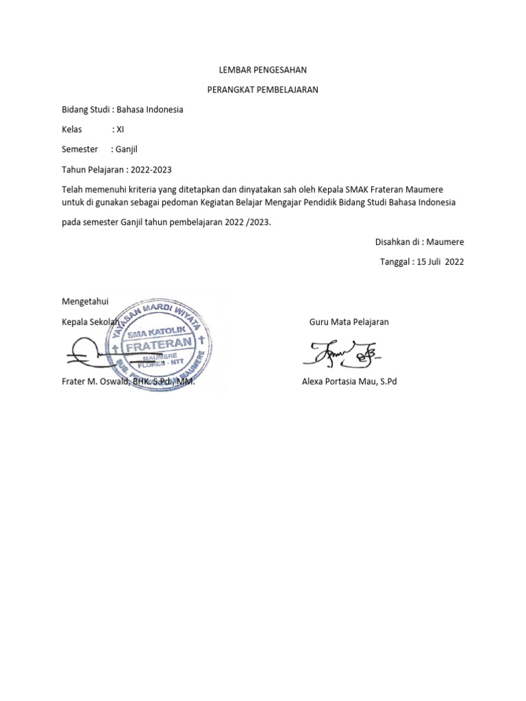 Lembar Pengesahan Perangkat Pembelajaran | PDF