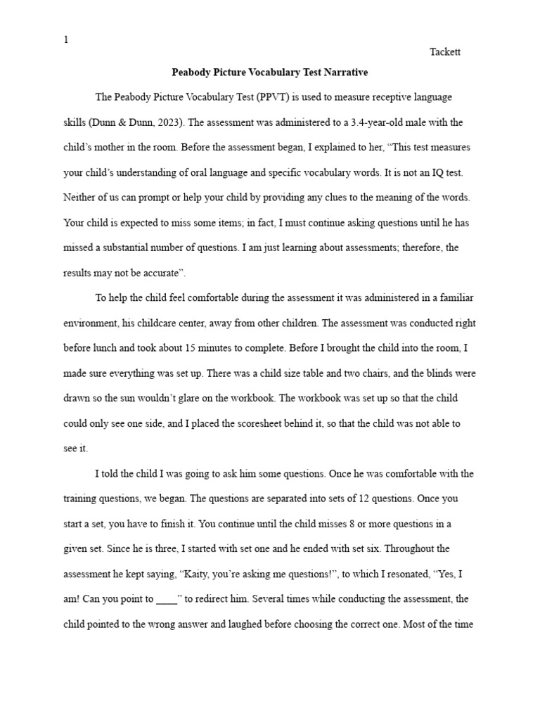 Peabody Picture Vocabulary Test Narrative Final | PDF | Psychology ...
