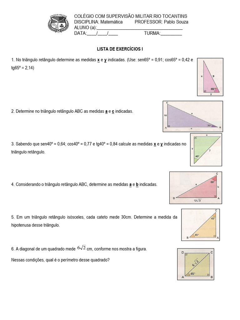 LISTA DE EXERCÍCIOS I - Trigonometria atualizada | PDF | Triângulo ...
