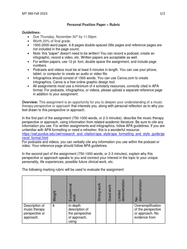 MT360 Fall 2023 Personal Position Paper Rubric | PDF | Apa Style ...