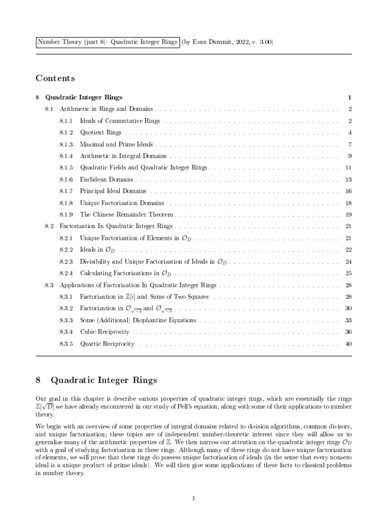 Quadratic Integer Rings | Download Free PDF | Ring (Mathematics) | Factorization