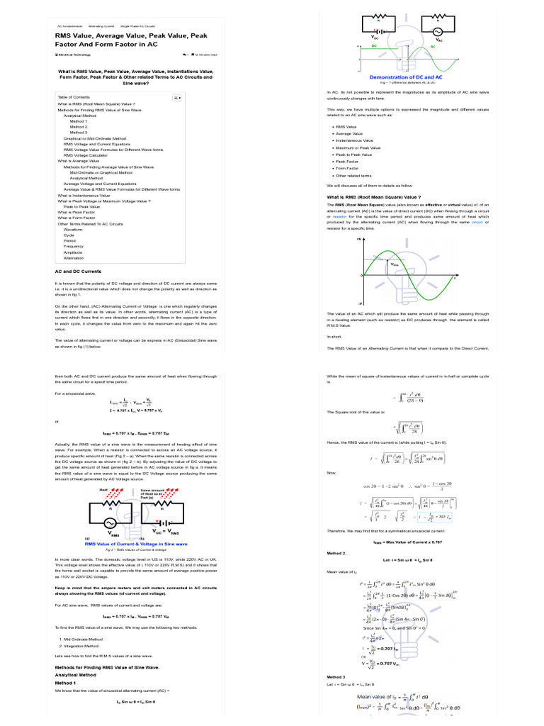RMS Value, Average Value, Peak Value, Peak Factor and Form Factor in AC | PDF | Root Mean Square ...
