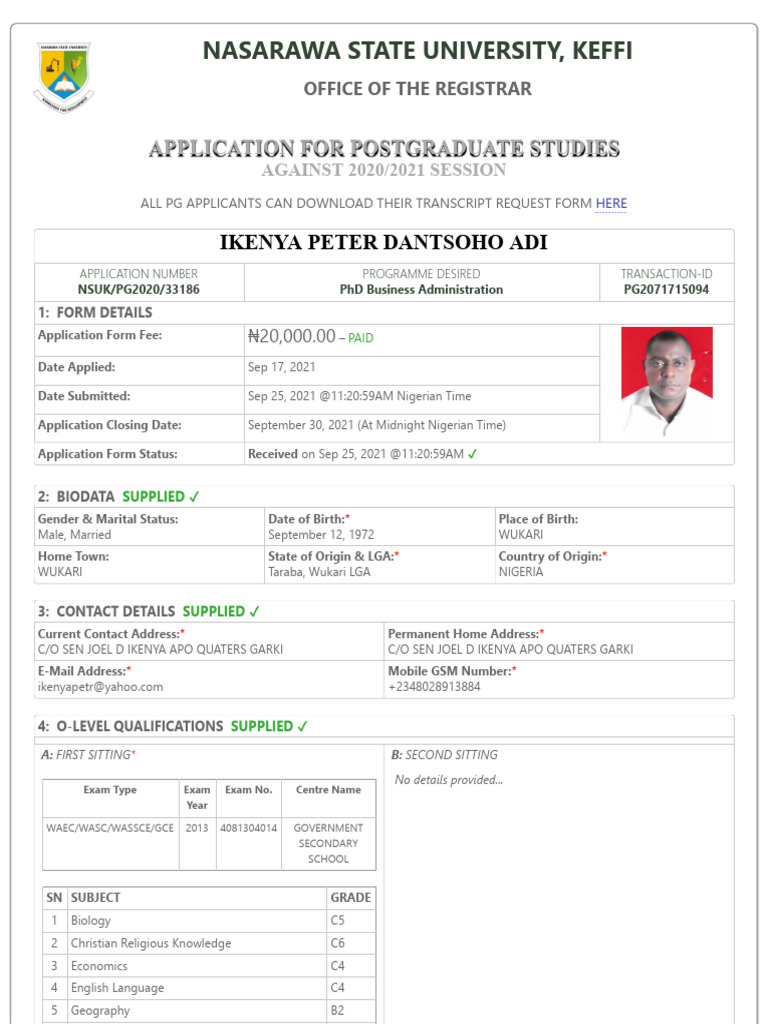 Print Form - NSUK Applications and Admissions Portal - PDF AK | PDF ...