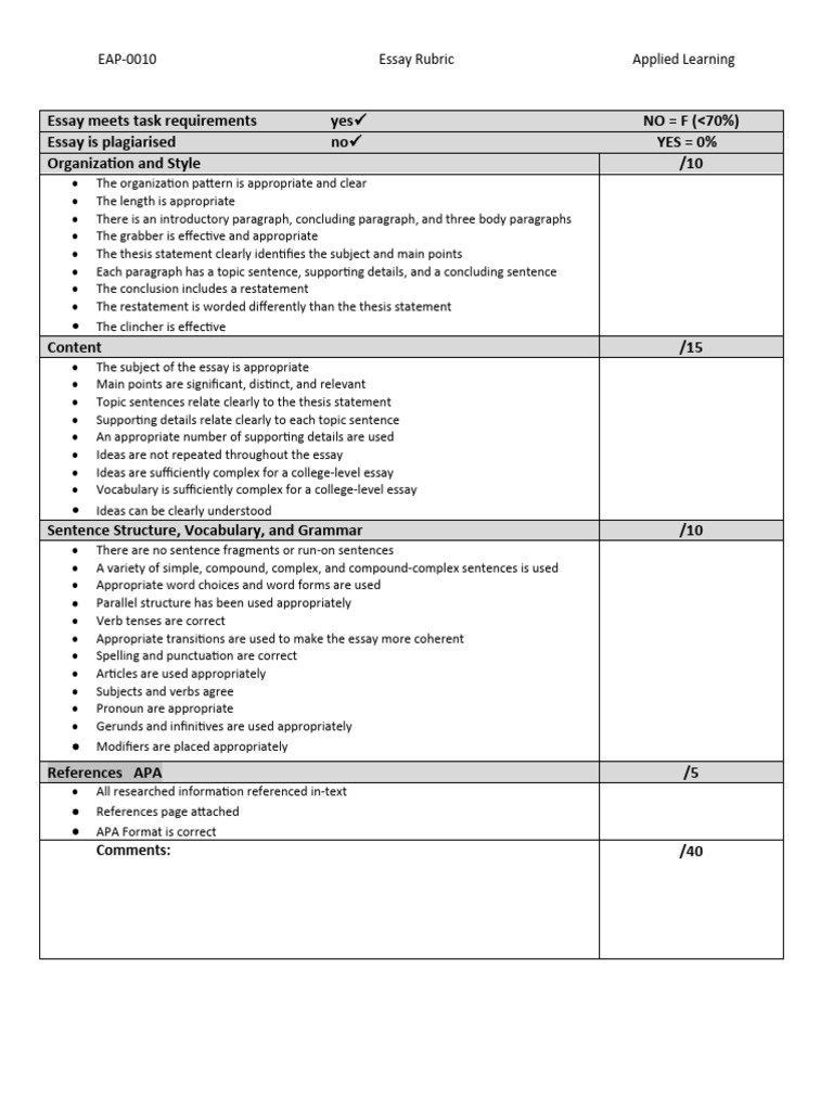 Applied Essay Rubric | PDF | Essays | Subject (Grammar)