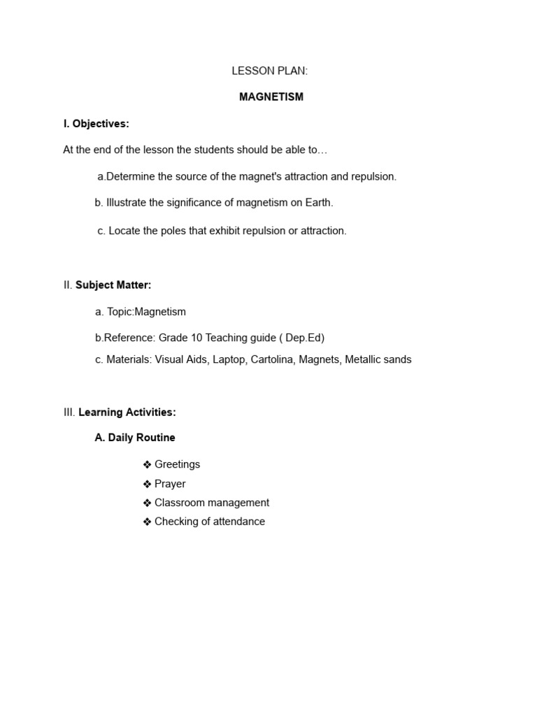 Magnetism Lesson Plan for Grade 6 | PDF | Earth's Magnetic Field ...