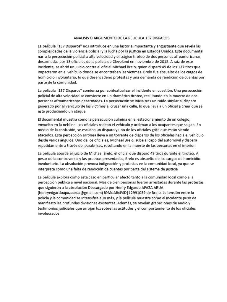 Analisis o Argumento de La Pelicula 137 Disparos | PDF | Brutalidad ... Analisis o Argumento de La Pelicula 137 Disparos | PDF | Brutalidad ...