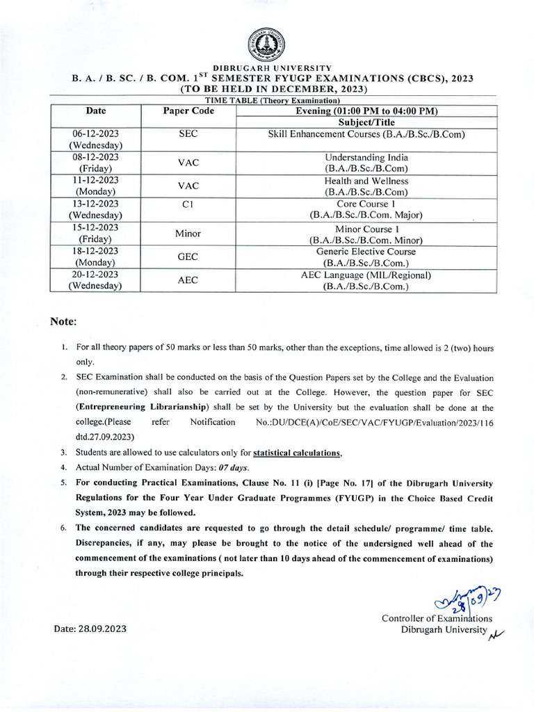 1st-Sem-FYUGP Dec 2023 | PDF