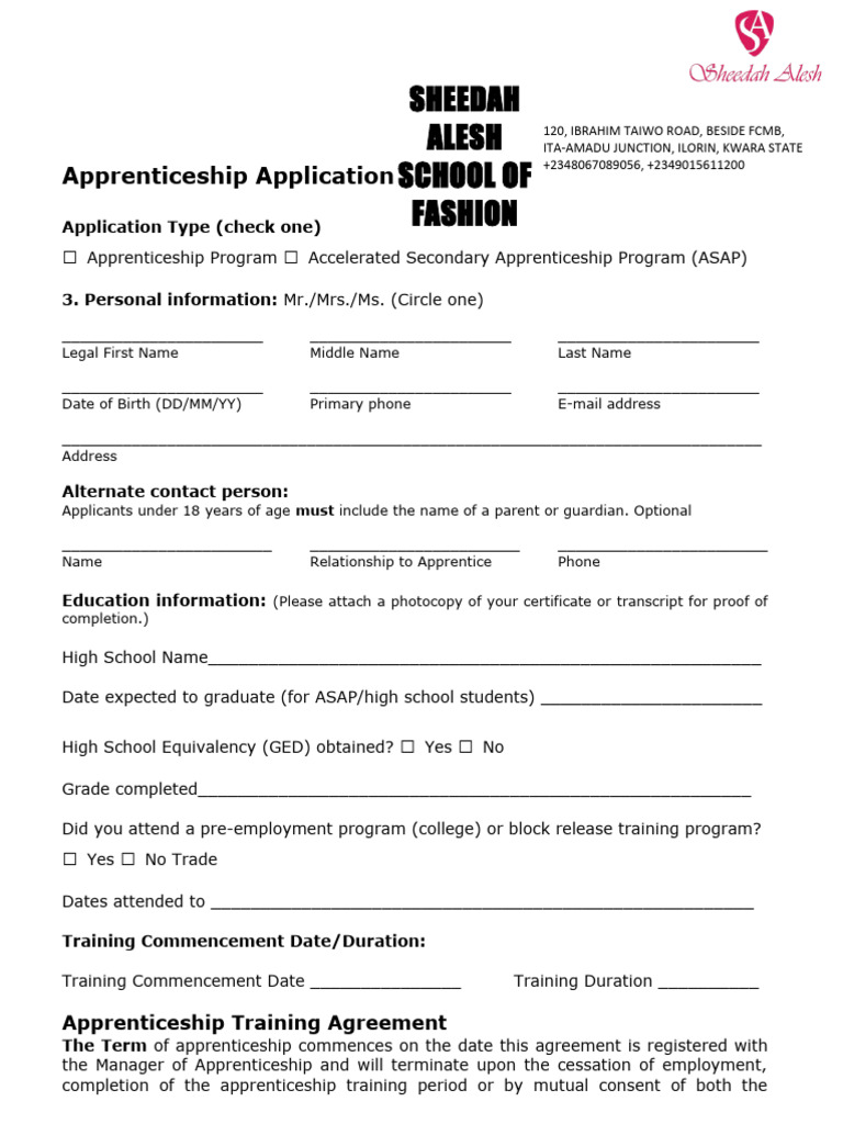 Apprenticeship Application | PDF | Apprenticeship | Employment