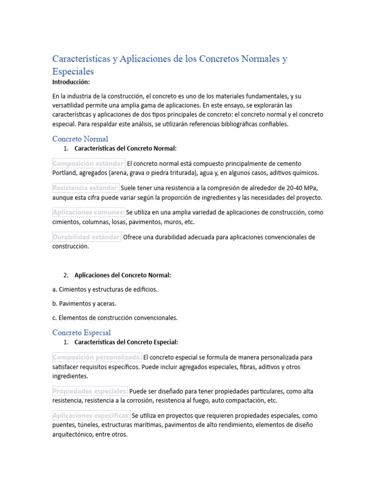 Caracteristicas de Concreto Normal y Especial | PDF | Hormigón | Ingeniería