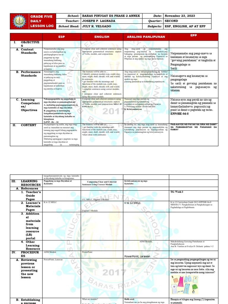 DLL Grade 5 Week 1 Q2 Nov23 | PDF