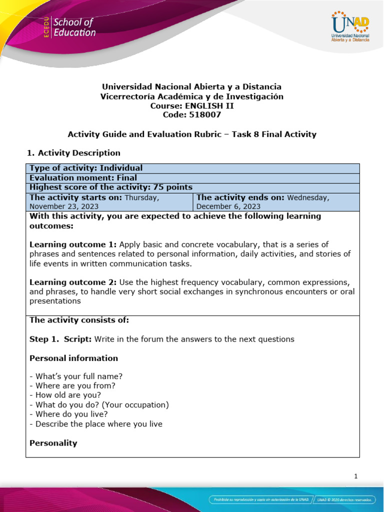 Activity Guide and Evaluation Rubric - Task 8 - Final Activity | PDF ...