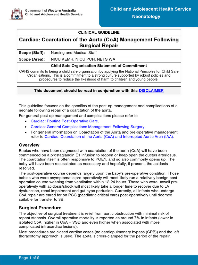 Cardiac Coarctation of The Aorta CoA Management Following Surgical ...
