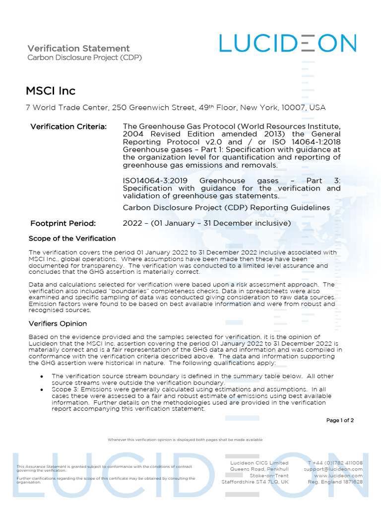 MSCI Inc - CY2022 CDP Verification Statement Final | PDF | Energy Economics | Climate Change