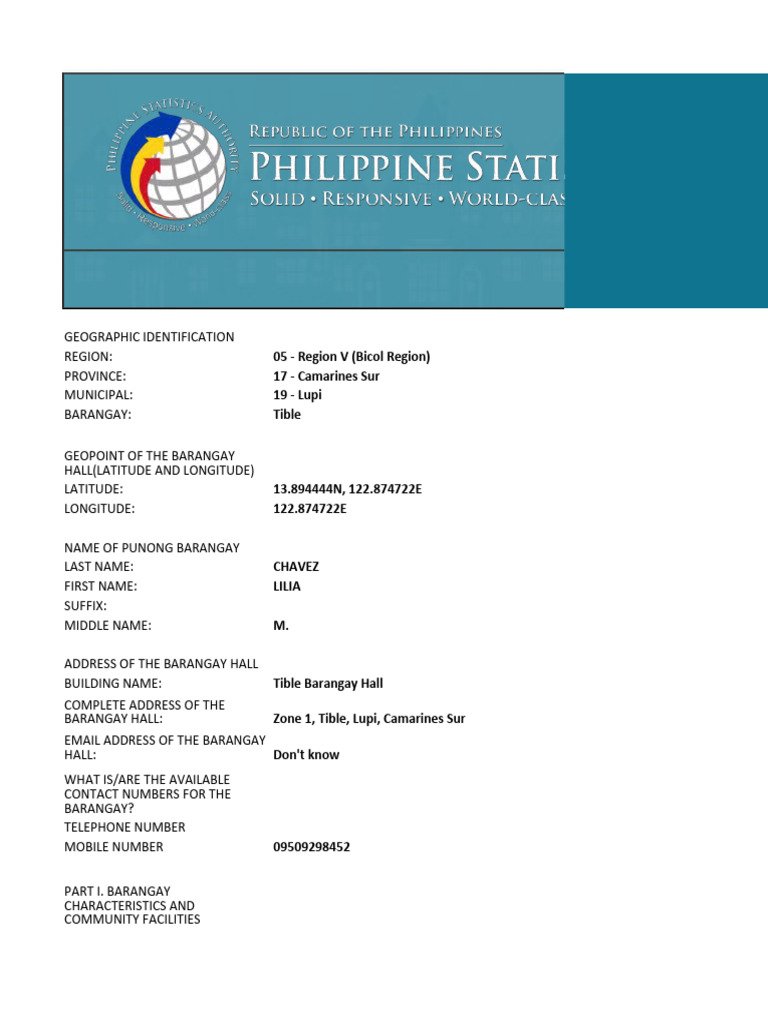 Barangay Profile Questionnaire - Barangay Tible | PDF | Natural ...