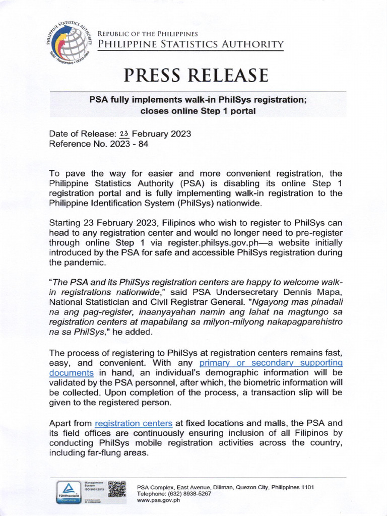 PR PSA Fully Implements Walkin PhilSys Registration SIGNED | PDF | Surveillance | Government And ...