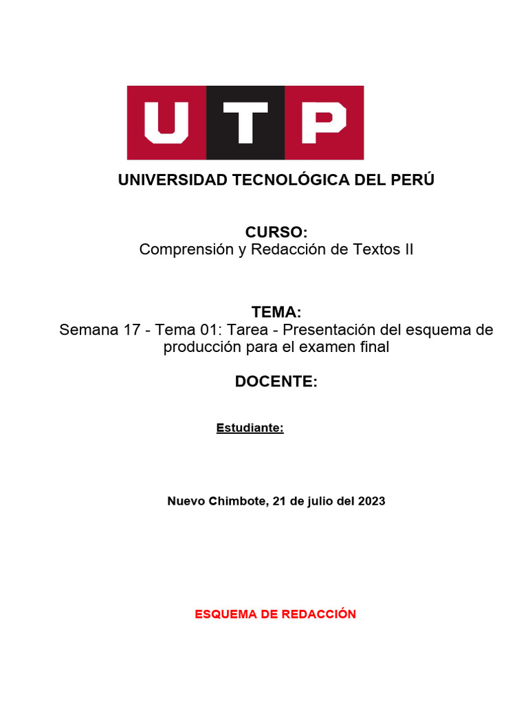 Semana 17 - Tema 01 Tarea - Presentación Del Esquema de Producción para El Examen Final | PDF ...