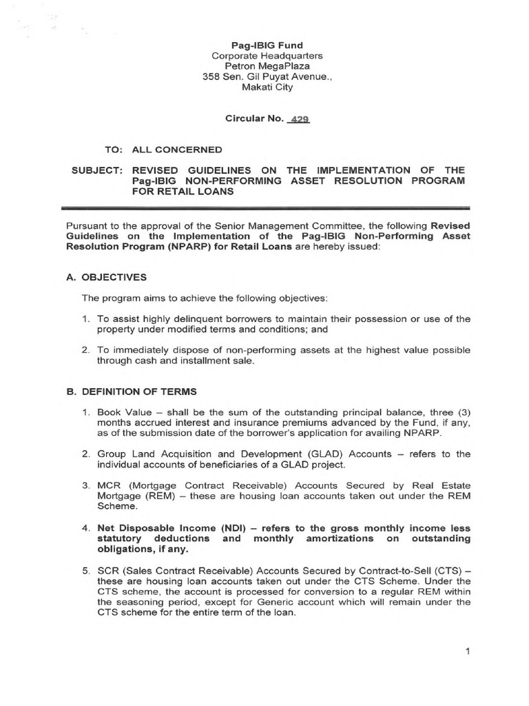 Circular No. 429 - Revised Guidelines On The Implementation of The Pag-IBIG NPARP For Retail ...