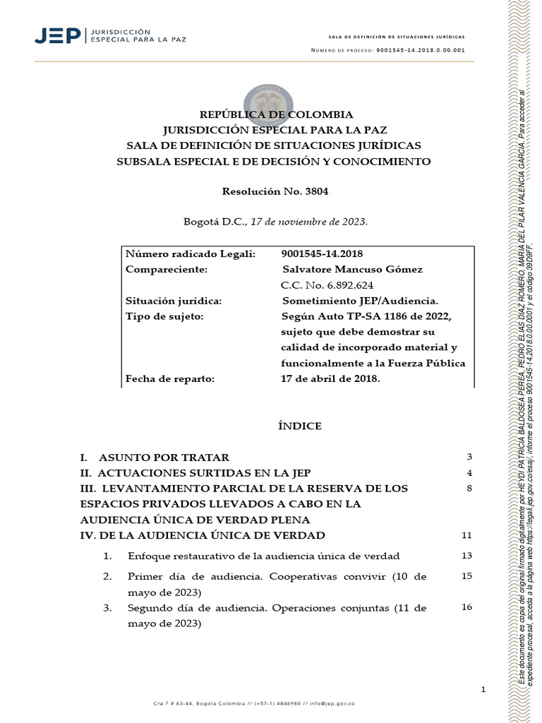 Audiencia JEP: Caso Salvatore Mancuso | PDF | Ley procesal | Jurisdicción