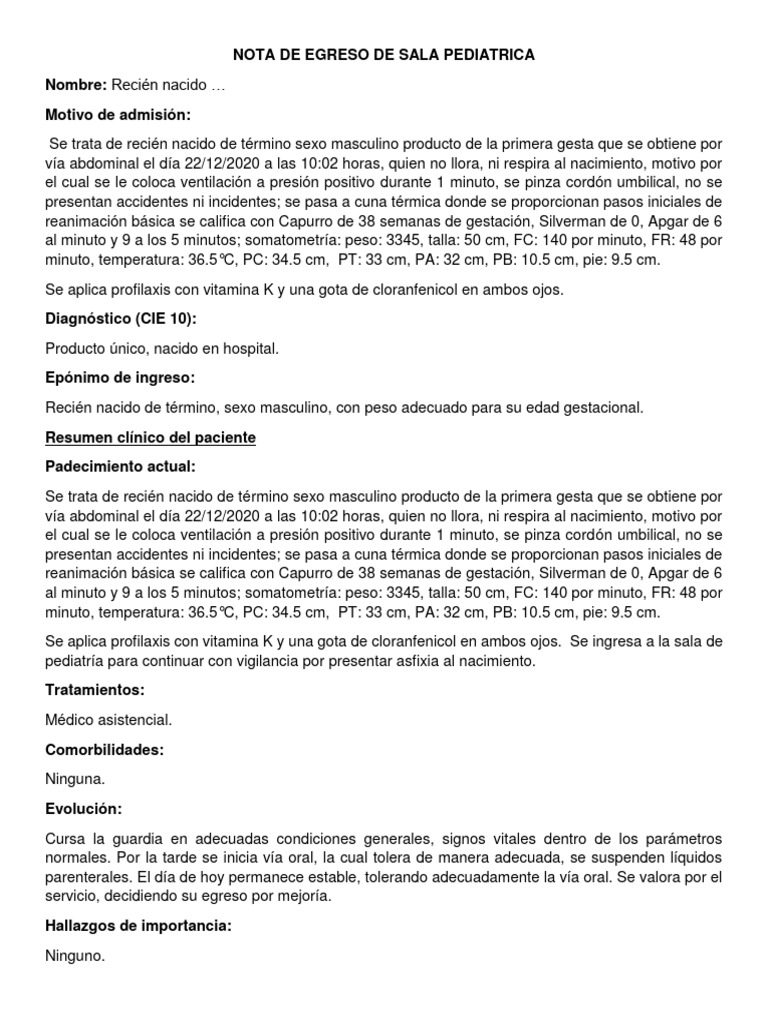 Nota de Egreso de Sala Pediatrica | PDF | Infantes | Cuidado de la salud