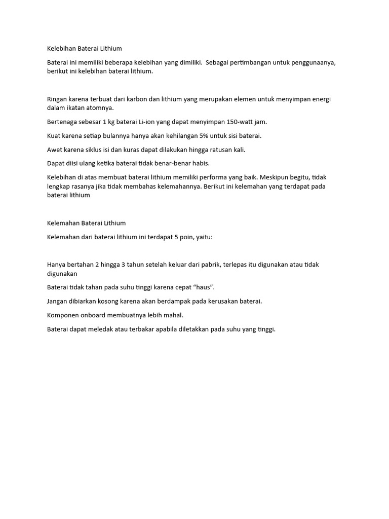 Kelebihan dan Kelemahan Baterai Lithium | PDF | Teknologi & Rekayasa