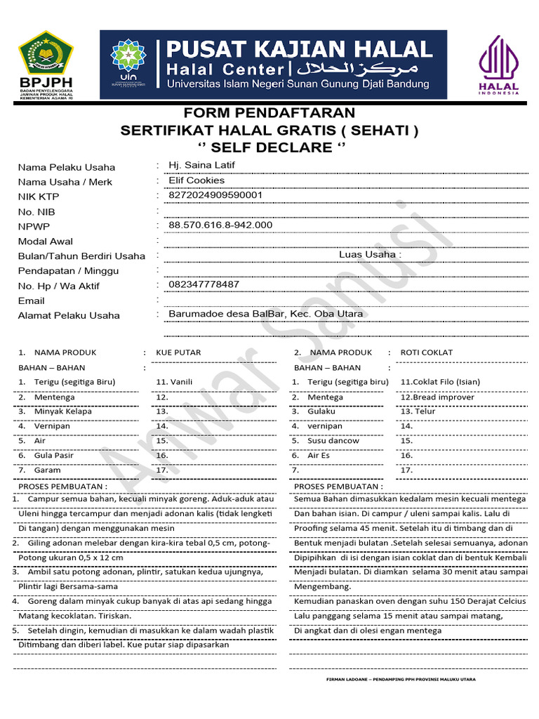 FORM PENDAFTARAN SERTIFIKAT HALAL GRATIS-1 Salinan | PDF