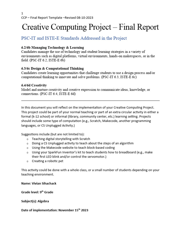 Creative Computing Project - Final Report Template - Fall 2023 | PDF | Function (Mathematics ...