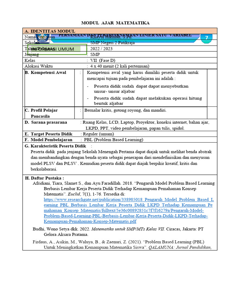 Contoh Modul Ajar PLSV PBL | PDF