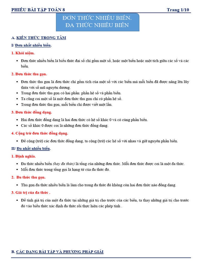 Phieu Bai Tap Toan 8 Chu de Da Thuc Hang Dang Thuc Dang Nho Va Ung Dung | PDF