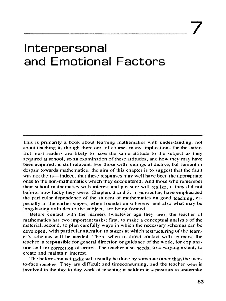 The Psychology of Learning Mathematics Chapter 7: Interpersonal and Emotional Factors | Download ...