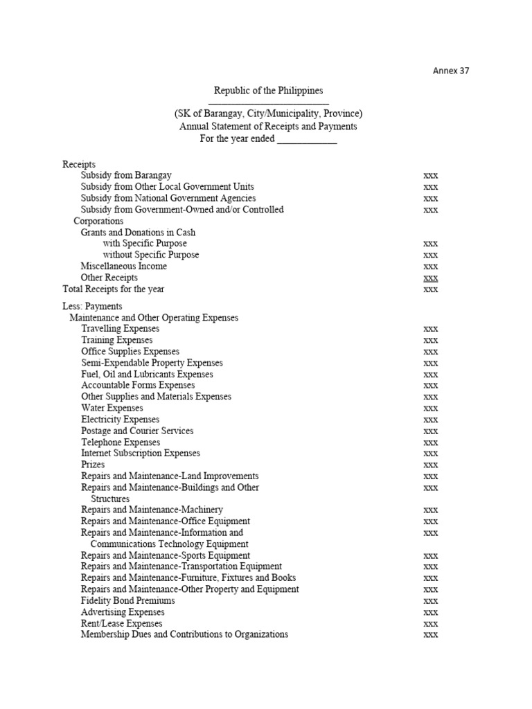 Annex 37-Annual Statement of Receipts and Payments | PDF | Expense | Cash