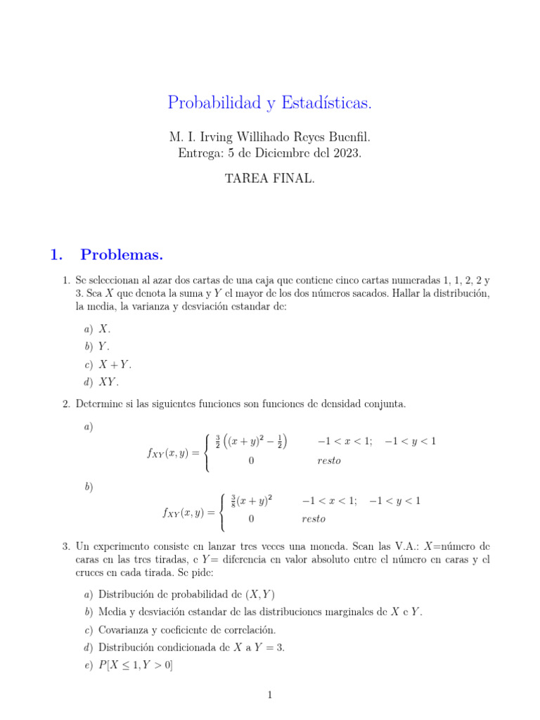 Probabilidad y Estad Isticas.: 1. Problemas | PDF | Función de densidad de probabilidad ...