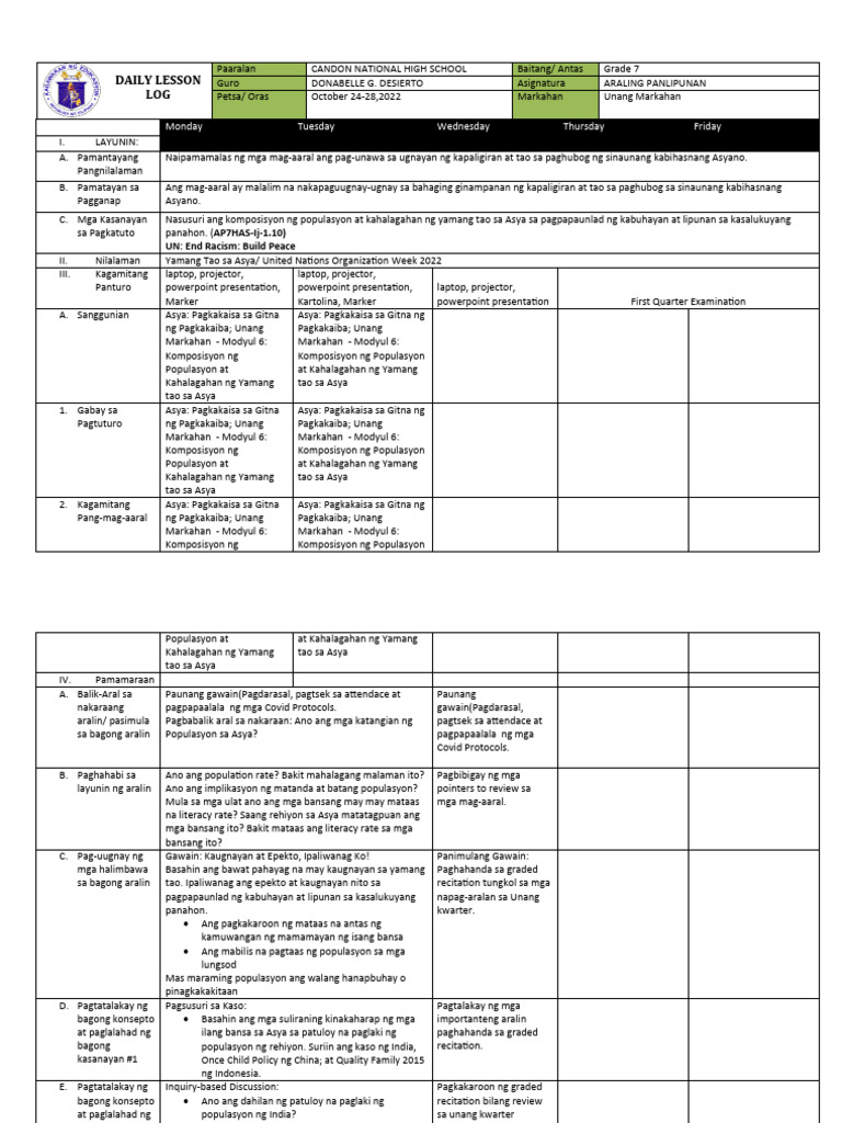 DAILY LESSON LOG - ARALING PANLIPUNAN Q1-Week10 | PDF