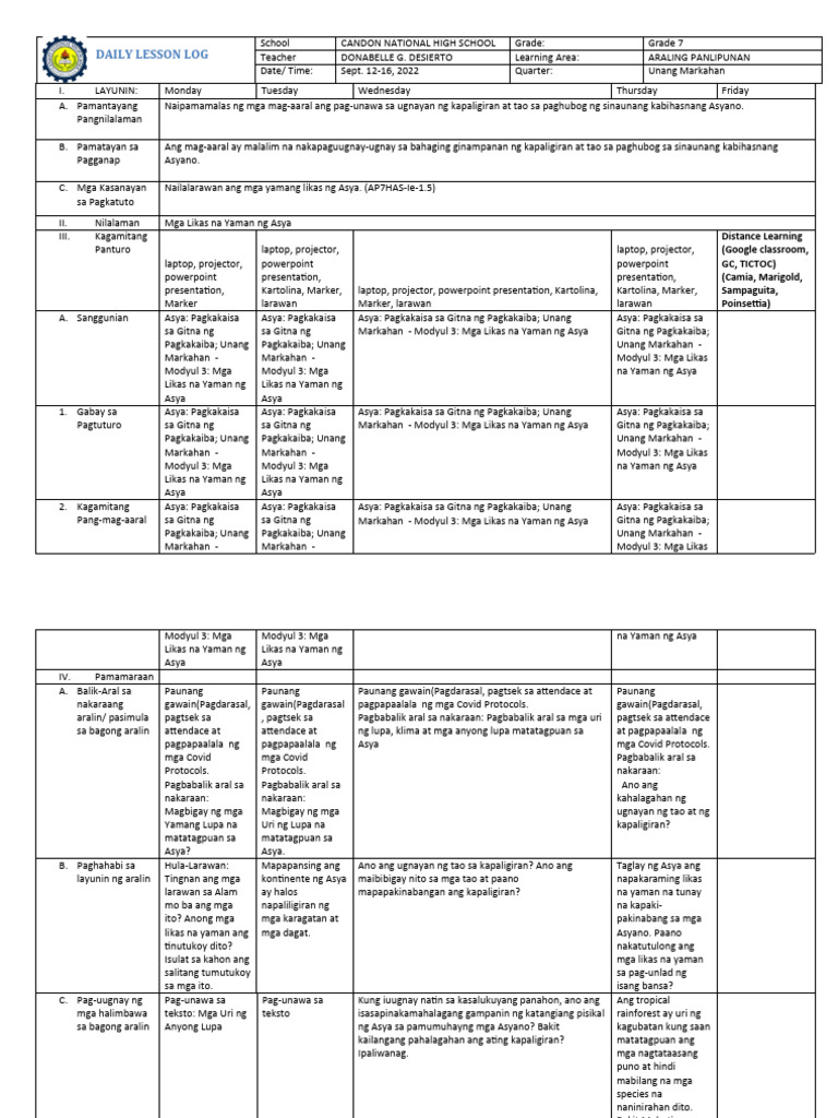 Daily Lesson Log - Araling Panlipunan Q1-Week2 | PDF
