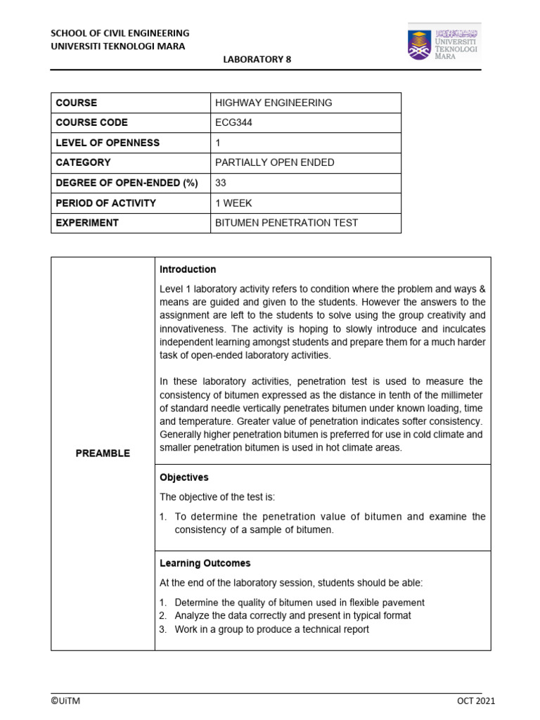 LAB 9 - Bitumen Penetration OEL 1 | PDF | Laboratories | Science