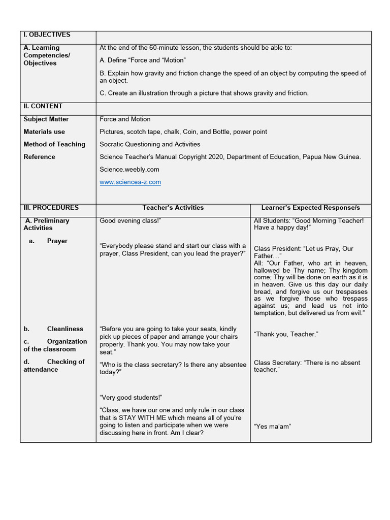 Lesson Plan in Science Force and Motion | PDF | Friction | Force