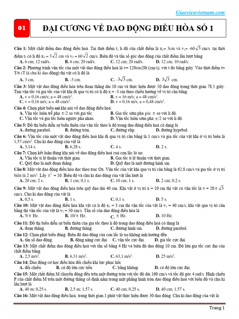 Bai Tap Trac Nghiem Dao Dong Dieu Hoa | PDF