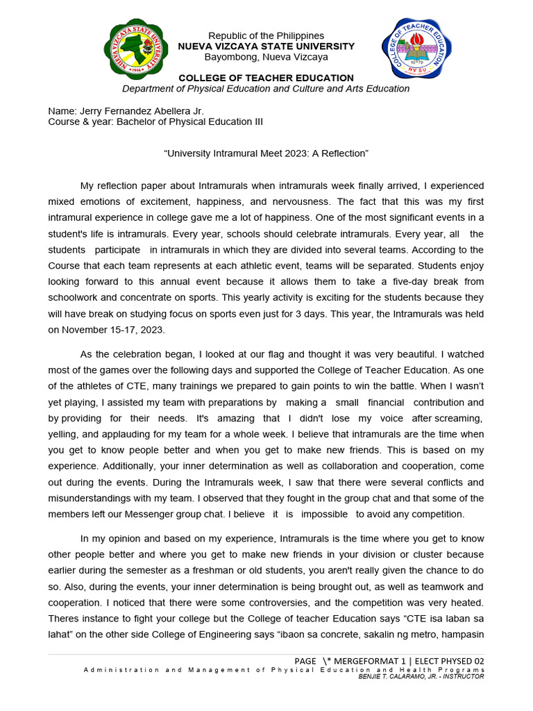 Intrams Reflection 2023 | PDF