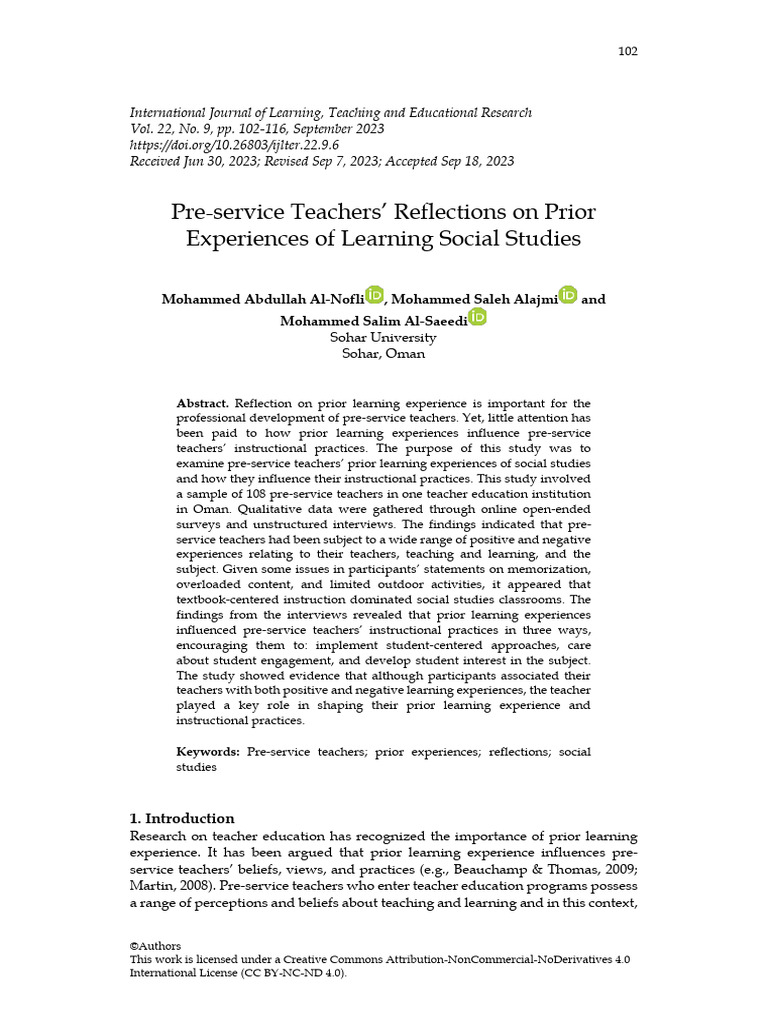 Pre-Service Teachers' Reflections on Social Studies | PDF | Teachers ...