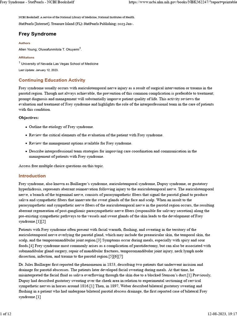 Frey Syndrome - StatPearls | PDF | Human Anatomy | Clinical Medicine