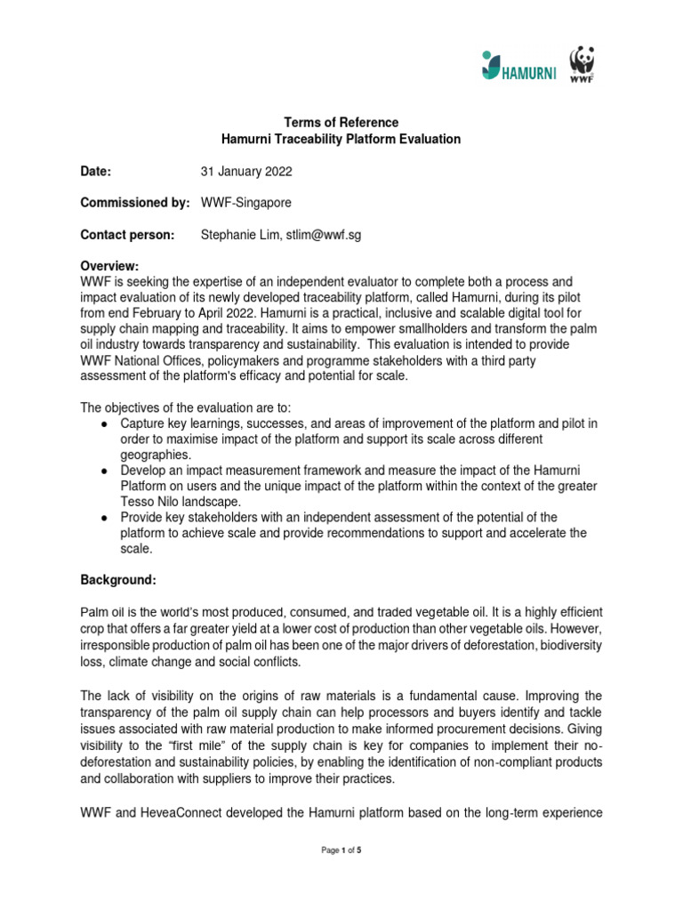 WWF Hamurni Evaluation - Terms of Reference | PDF | Supply Chain | Palm Oil