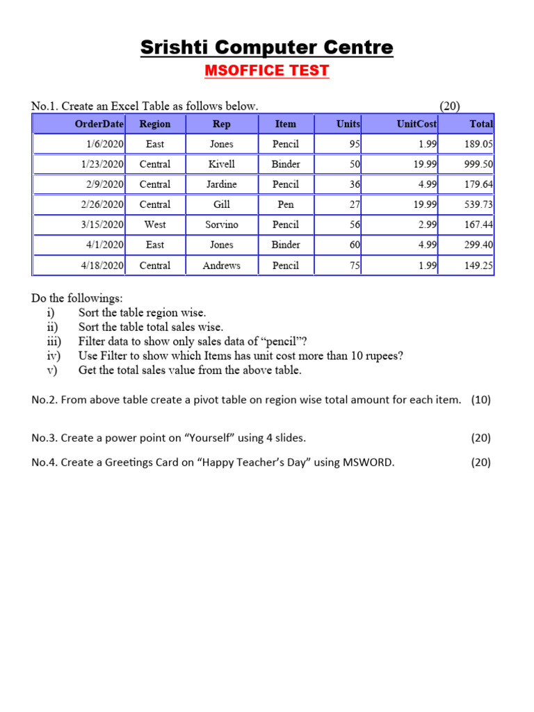 Excel Basics and MS Office Test Guide | PDF | Microsoft Excel | Software