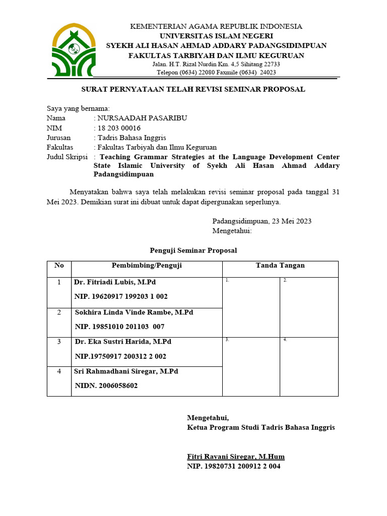 Surat Revisi Sempro Saad | PDF
