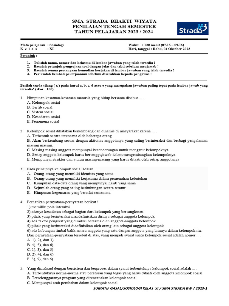 Naskah Soal Pts Sosiologi Kelas Xi Ganjil 2023 | PDF