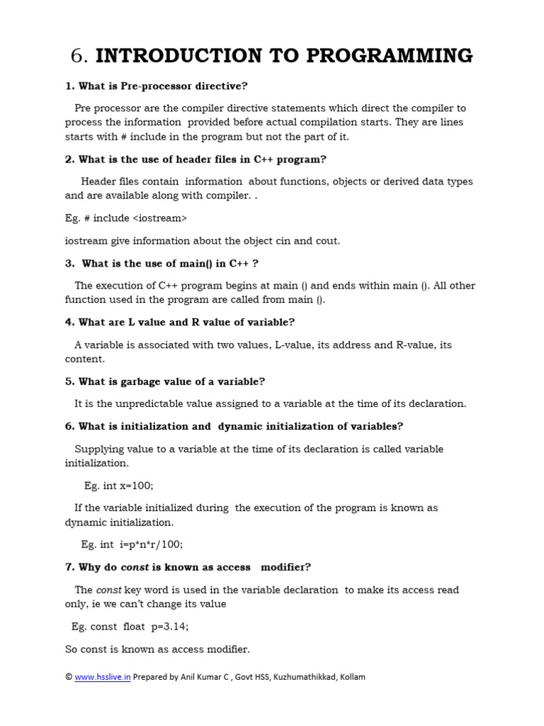 Hsslive Xi Comp App 06 Introduction To Programming Pdf C Variable Computer Science