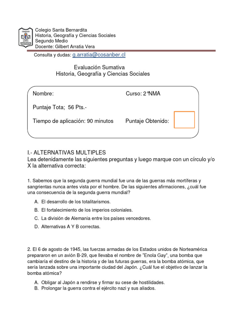 Prueba NM2 Historia Geografia y Ciencias Sociales | PDF | Segunda Guerra Mundial | Gran depresion