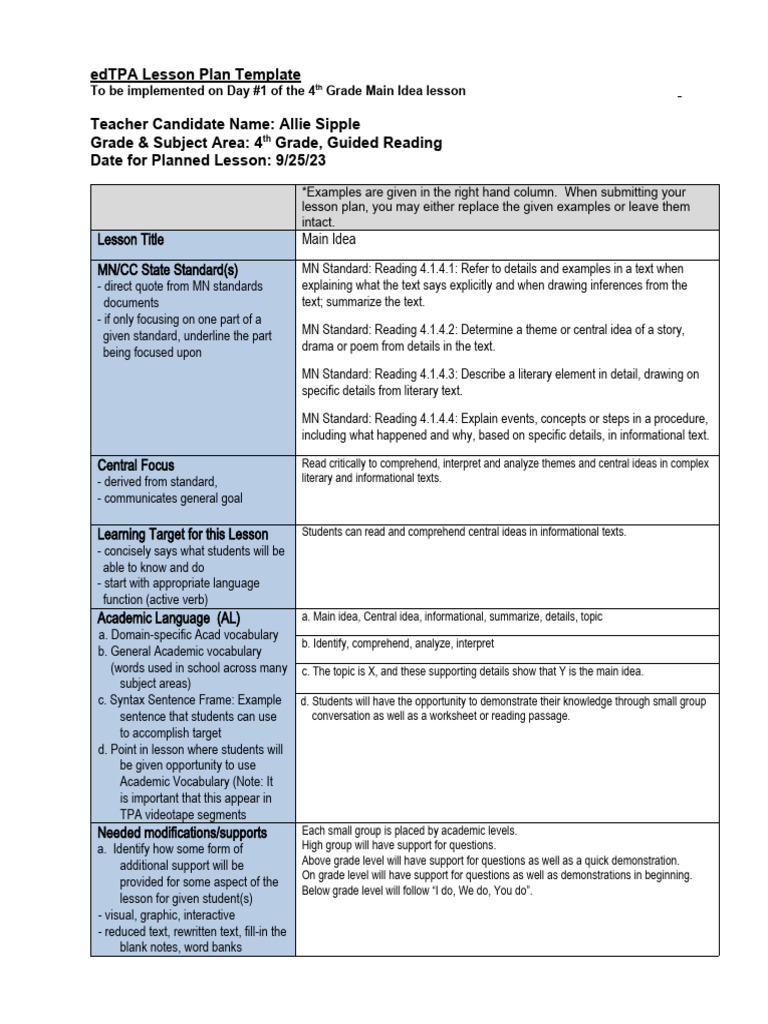 Edtpa Main Idea Lesson Plan 1 | PDF | Lesson Plan | Vocabulary