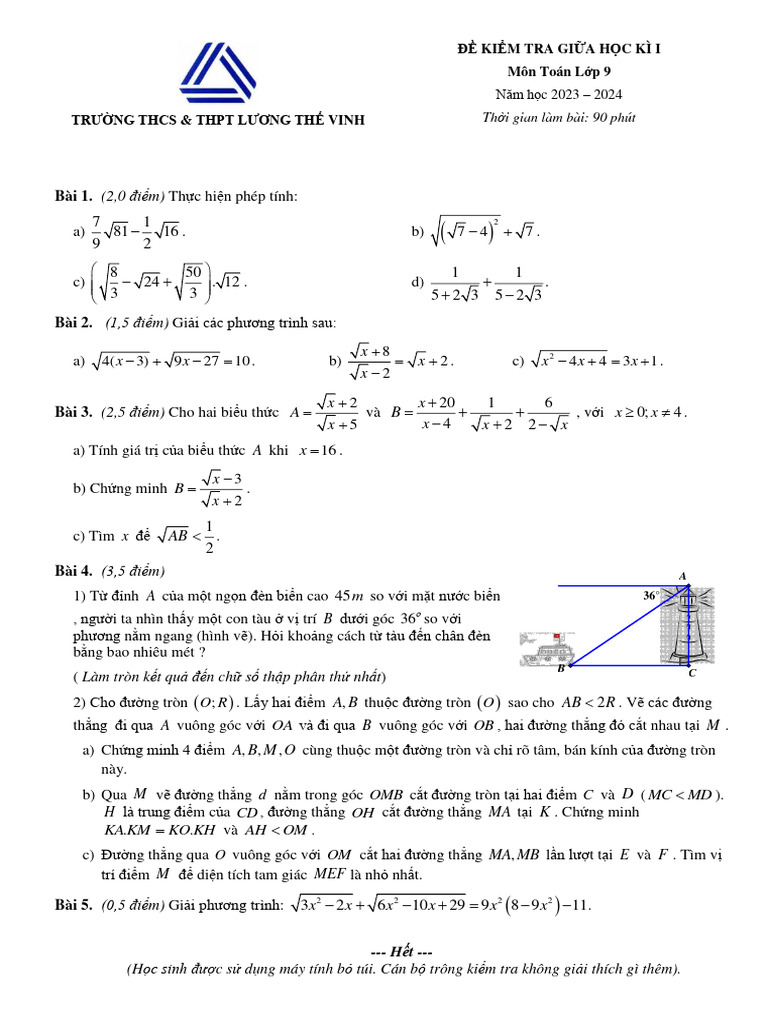 Đề GK1 Toán 9 LTV 23-24 | PDF