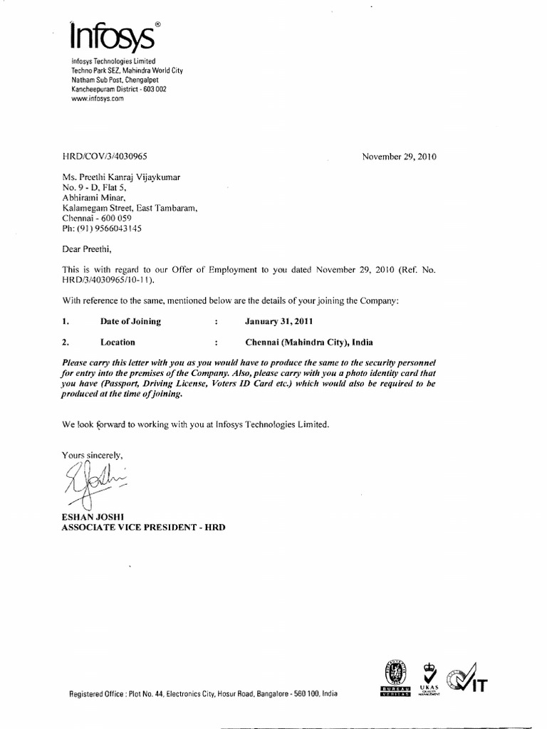 Infosys Offer Letter | PDF | Identity Document | Government And Personhood