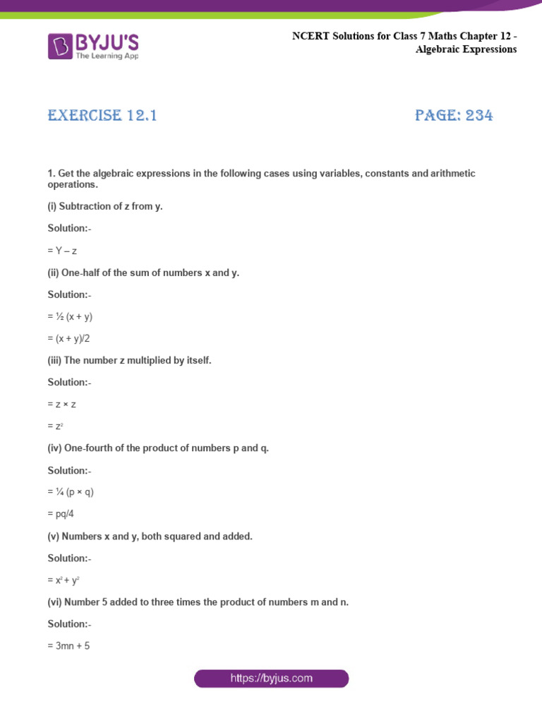NCERT Solutions For Class 7 Maths 8may Chapter 12 Algebraic Expressions Exercise 12.1 | PDF ...