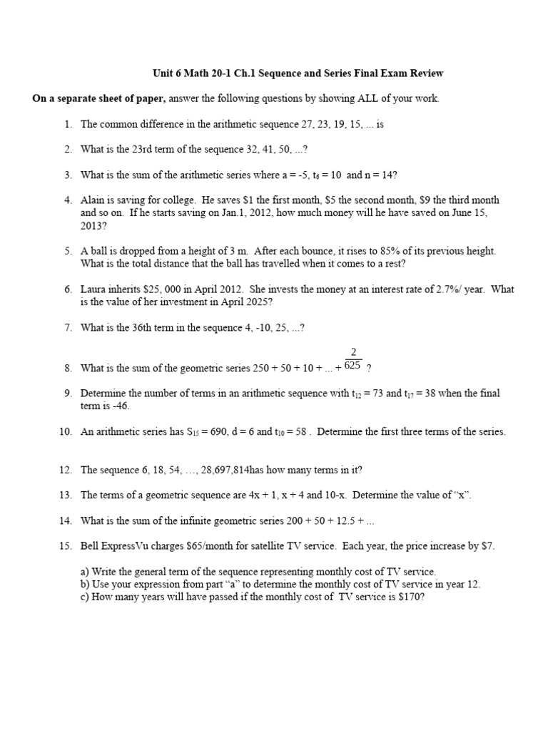 6 - Ch.1 Sequence and Series Final Review | PDF | Cost